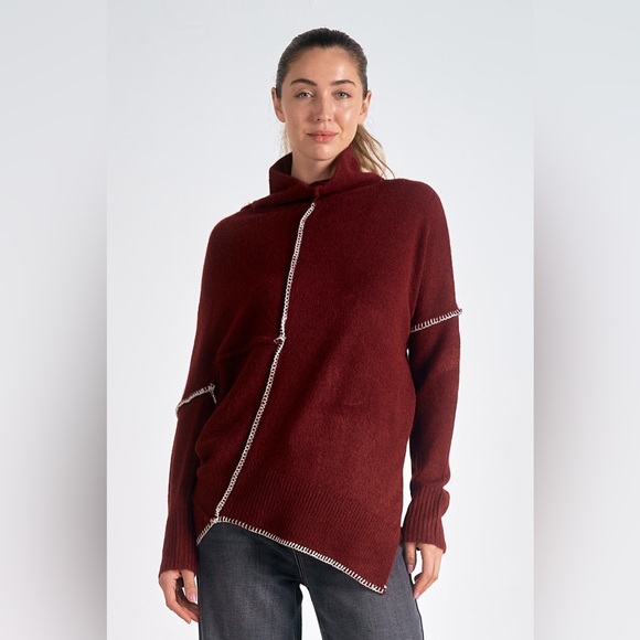 Elan | Sweaters | Elan Brick Asymmetric Stitch Sweater Funnel Neck ...